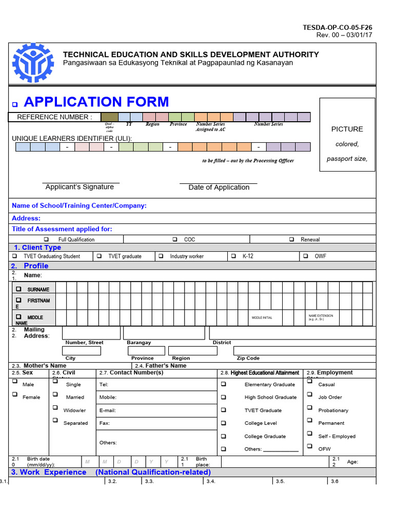 7 Tesda Op Co 05 Application Form 6 | PDF
