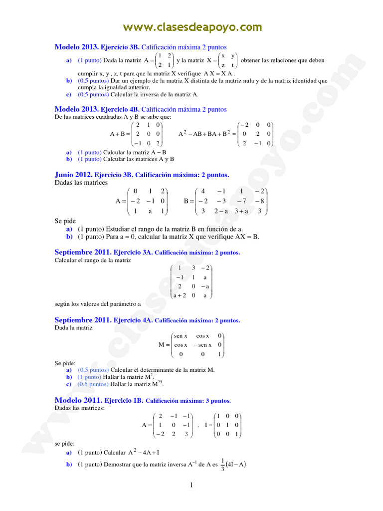 Ejercicios Matrices Selectividad 1 | PDF