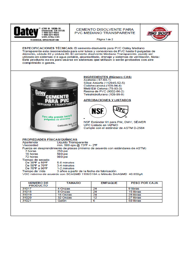 Ficha Tecnica Oatey | PDF