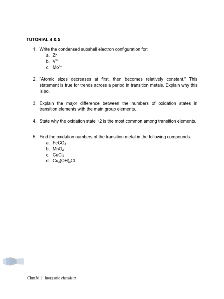 Tutorial 4, 5 & 6 CHM361 | PDF | Coordination Complex | Transition Metals
