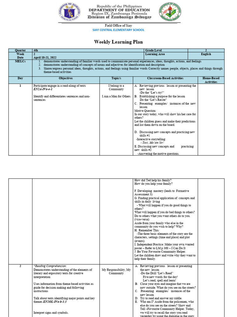 Weekly Learning Plan ENGLISH Week 2. | PDF | Learning | Word
