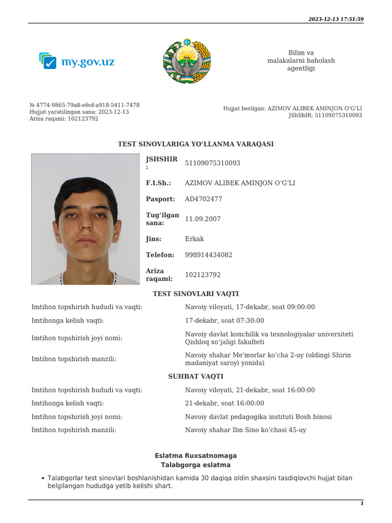 Test Sinovlariga Yo Llanma Varaqasi Jshshir: F.I.Sh.: Pasport: Tug ...