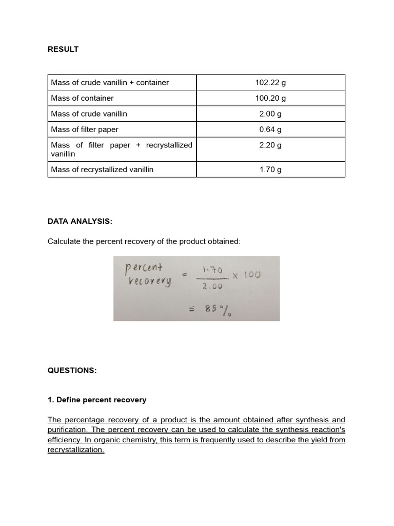 CHM 258 Data Sheet Experiment 1 | PDF