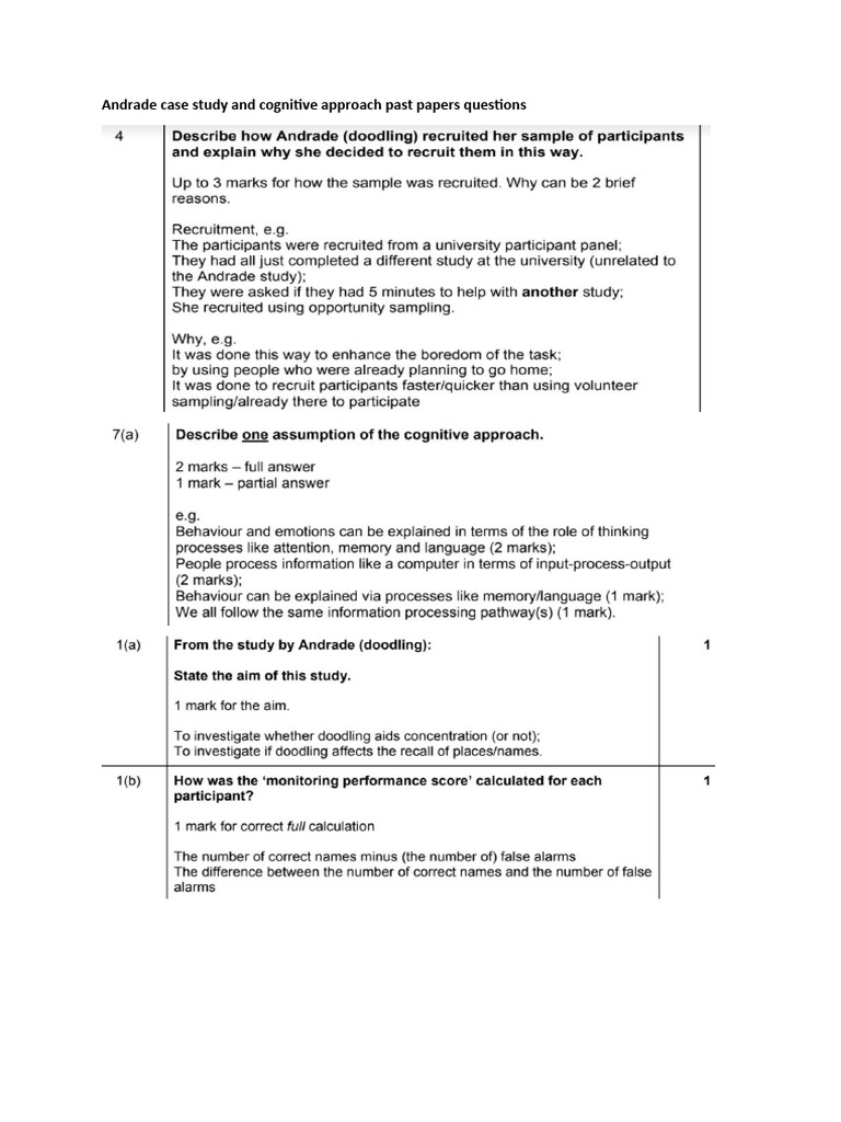 Andrade Case Study and Cognitive Approach Past Paper Questions | PDF