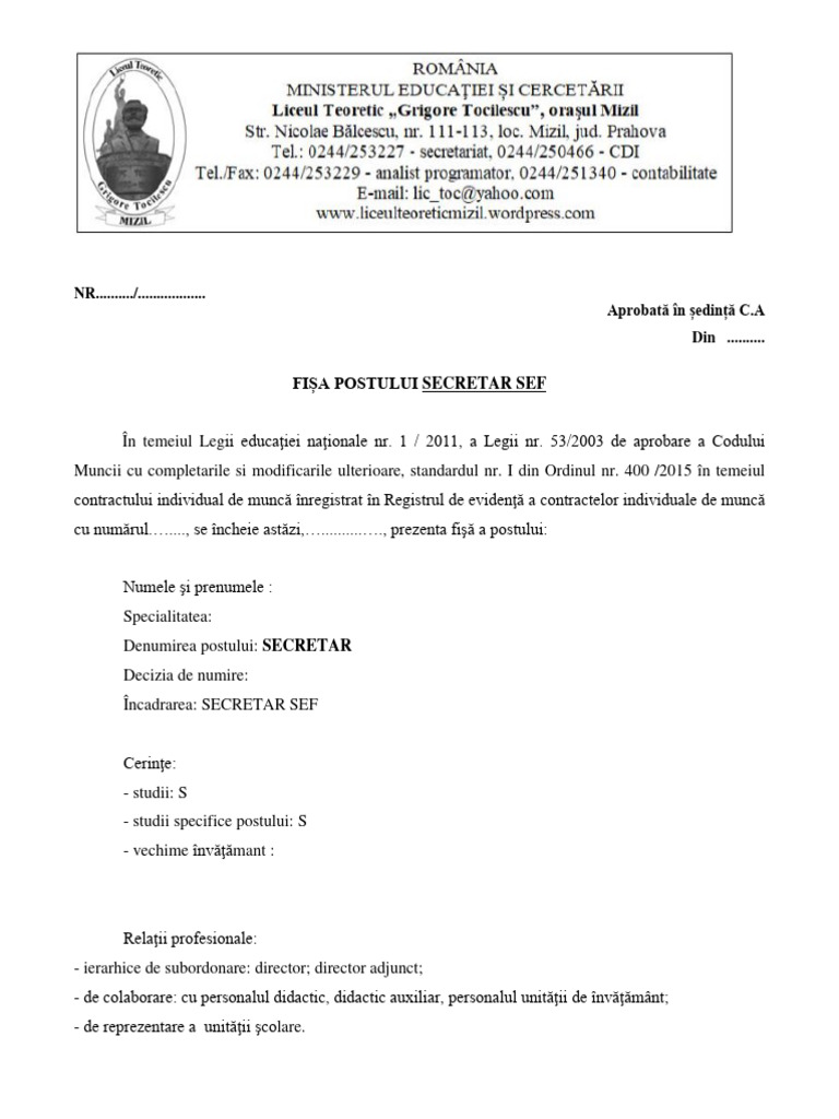 Fisa Post Secretar Sef | PDF