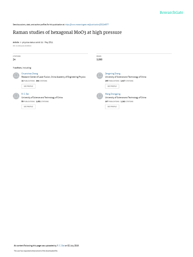 Raman Studiesof Hexagonal Mo O3 at High Pressure | PDF