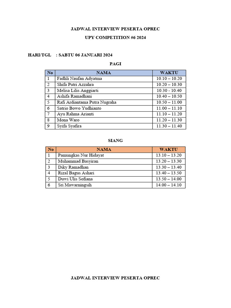 Jadwal Interview Peserta Oprec-1 | PDF