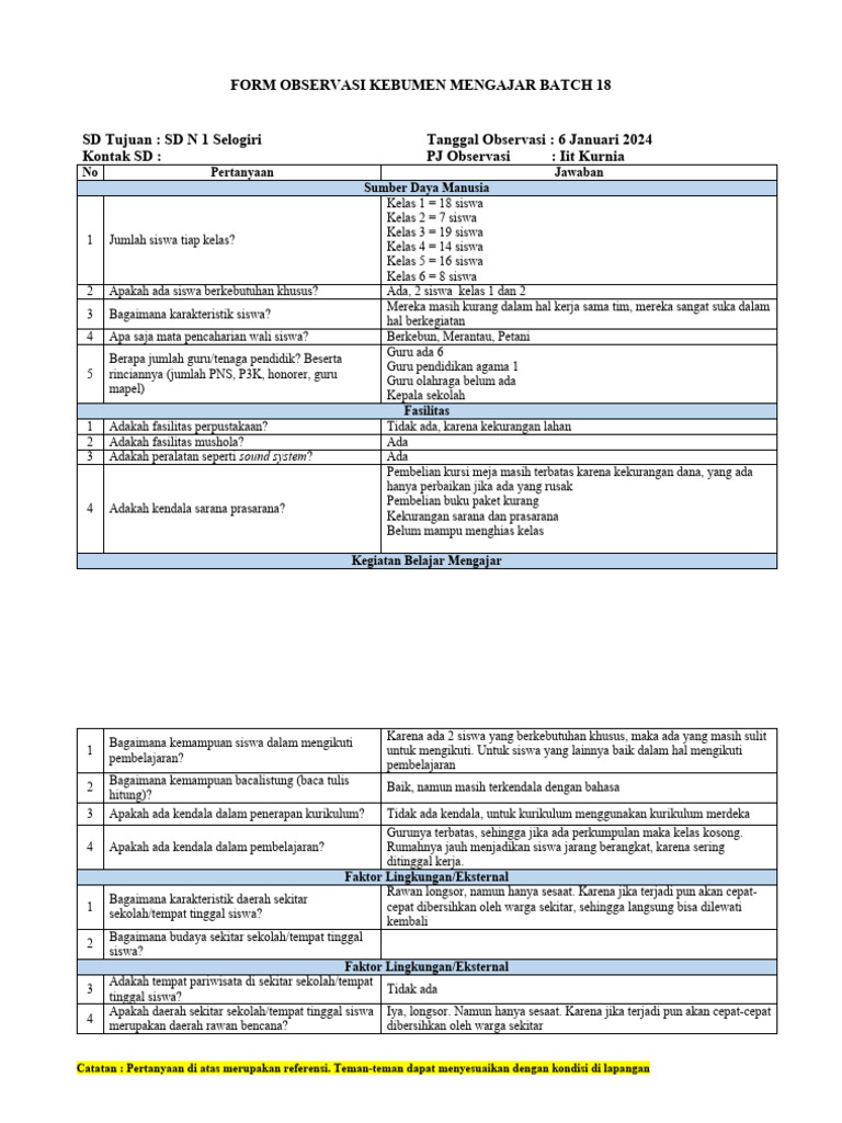 Form Observasi Kebumen Mengajar-2 | PDF