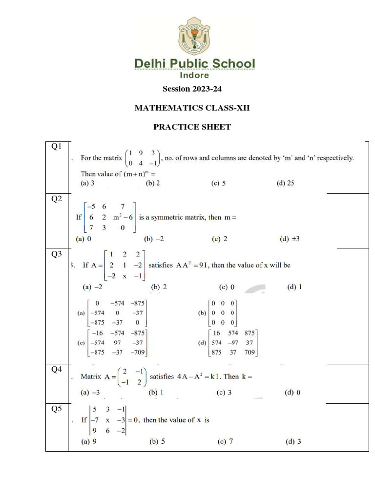 Class XII Math Practice 2023-24 | PDF