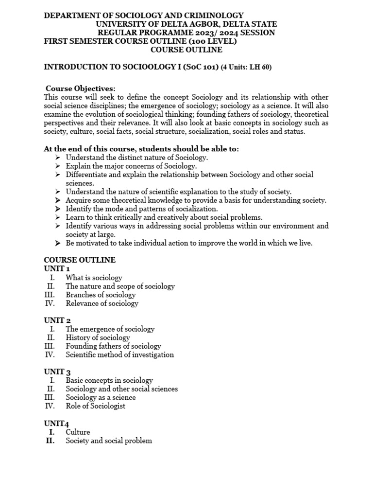 2023 2024 Final Soc 101 Course Outline 2019 2020-1 | PDF
