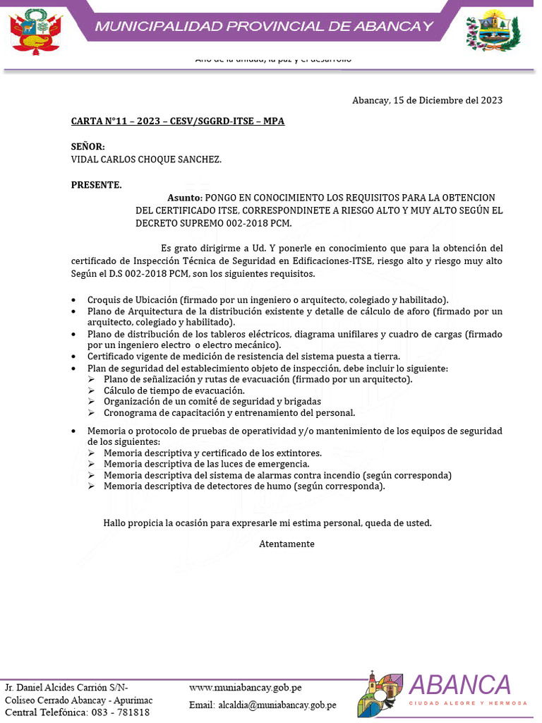 CARTASN° 11 Pongo en Conocimiento Requisitos ITSE | PDF