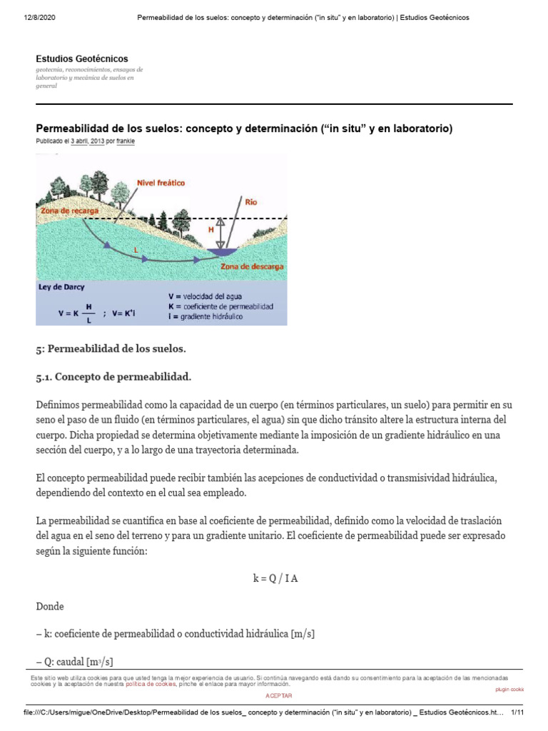 Permeabilidad de Los Suelos - Concepto y Determinación ("In Situ" y en ...