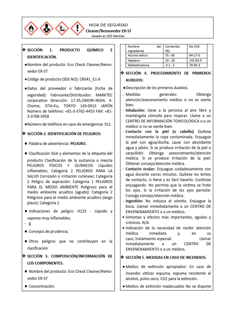 Hoja de Seguridad Del Cleaner | PDF