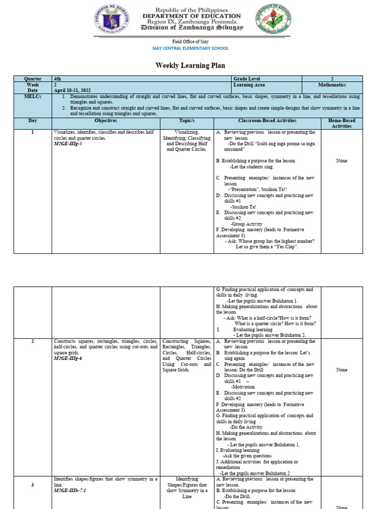 Weekly Learning Plan MATH Week 2. | PDF | Shape | Mathematics