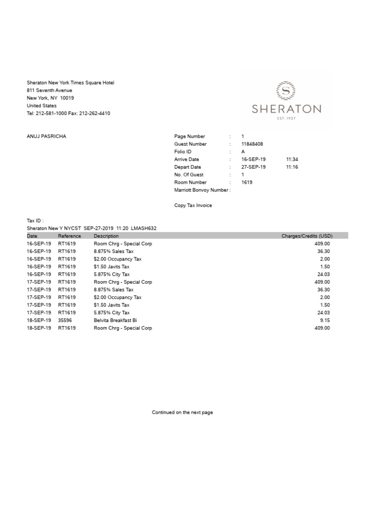 Sheraton NYC Tax Invoice Details | PDF