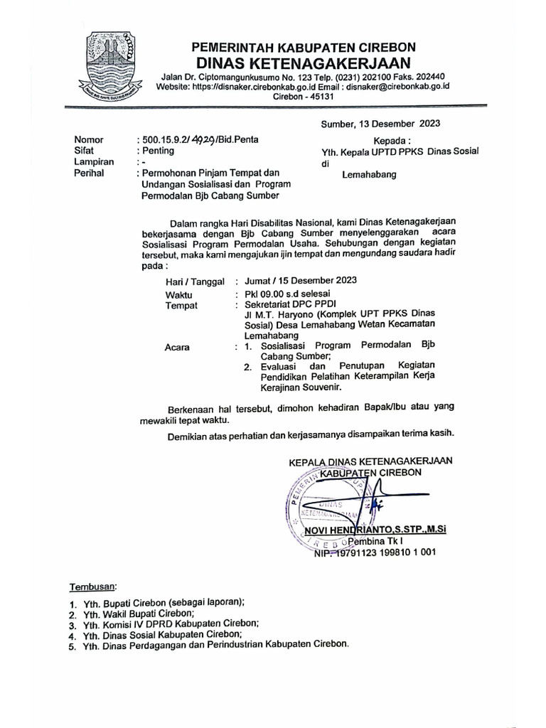 Surat Pinjam Tempat Dinsos | PDF