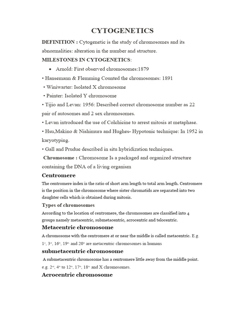 Cytogenetics Note | PDF | Chromosome | Karyotype