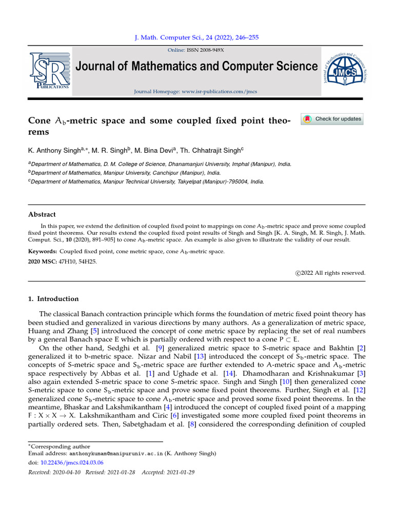 Cone A Bmetric Space And Some Coupled Fixed Point Theorems 1615009838 1 Pdf Sequence