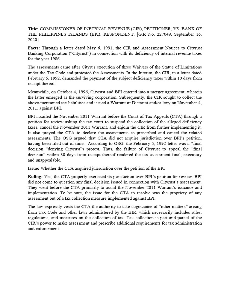 Tax Dispute: CIR vs. BPI | PDF | Taxes | Jurisdiction