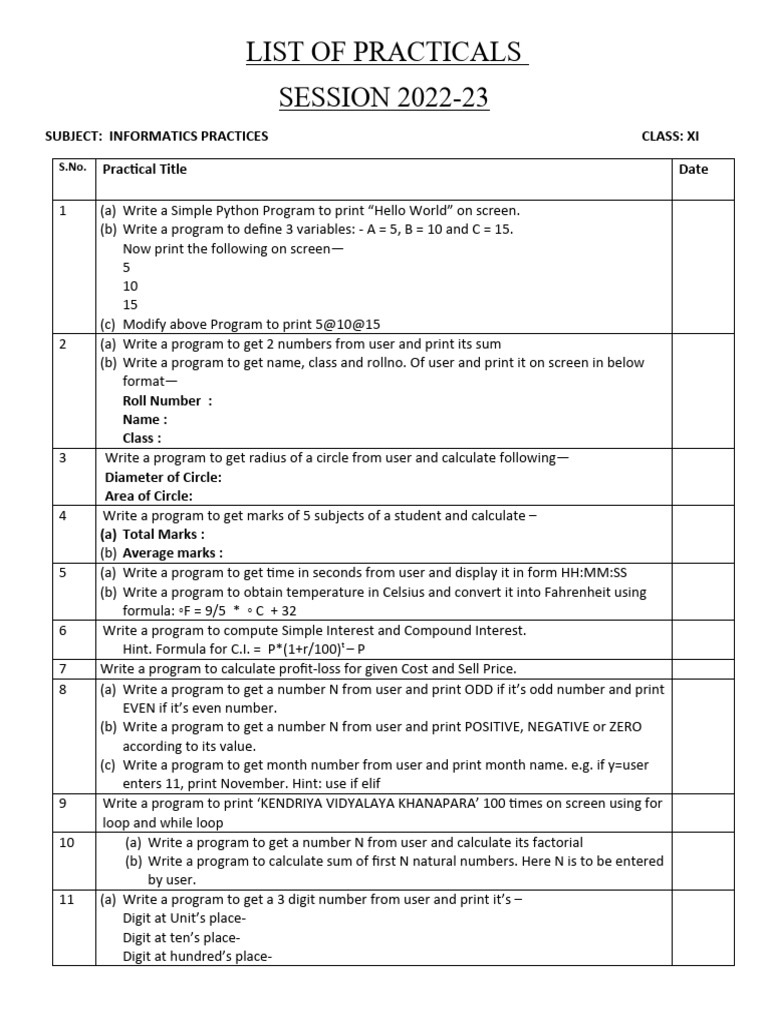 List Of Practicals Xi Ip Pdf Computing Computer Programming