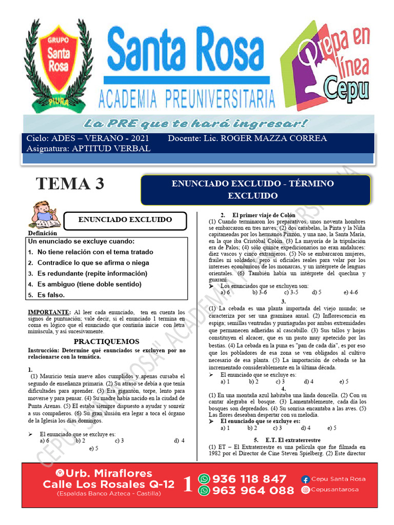 Aptitud Verbal - Tema 03 - Enunciado Excluido - Término Excluido - Ades Verano 2022 | PDF