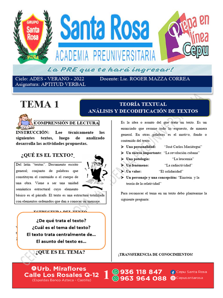 Aptitud Verbal - Teoría Textual - Ciclo Ades Verano 2022. | PDF