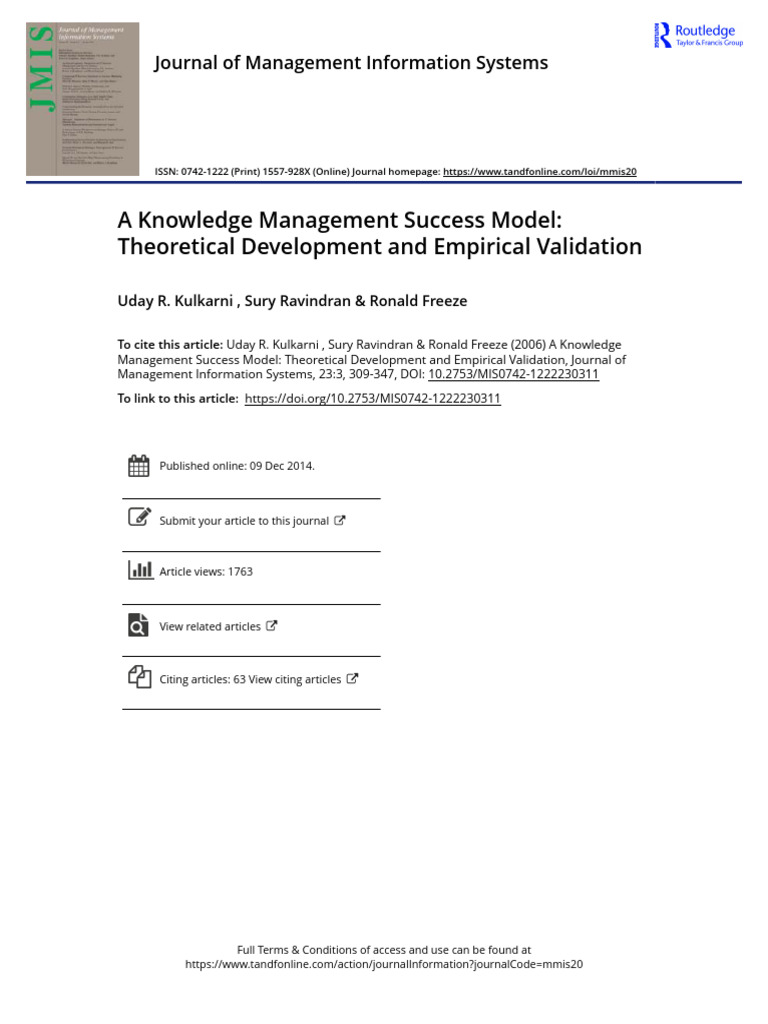 A Knowledge Management Success Model Theoretical Development and Empirical Validation | PDF