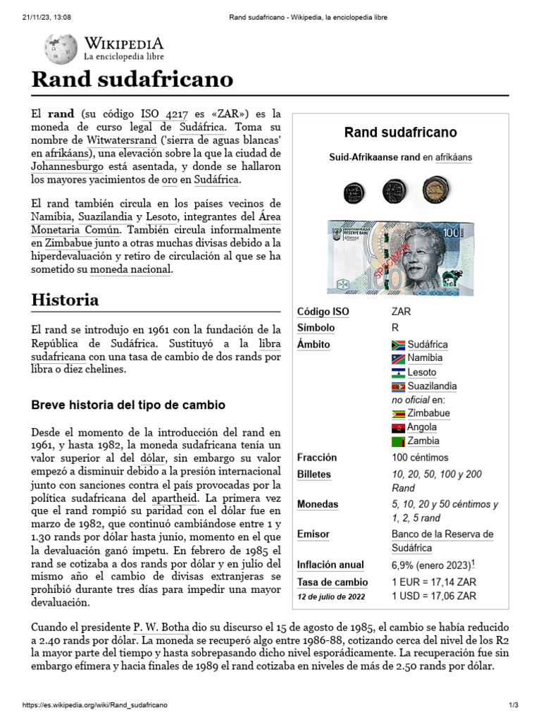 Rand Sudafricano Wikipedia La Enciclopedia Libre PDF Economias