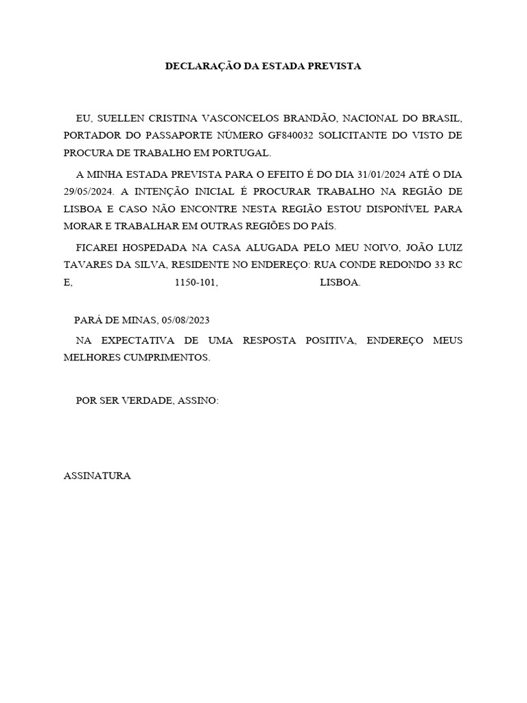 Declaração Da Estada Prevista | PDF