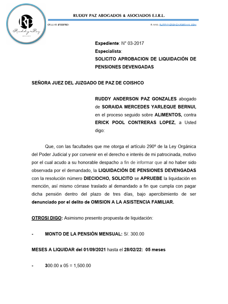 Solicito Aprobacion de Liquidación de Pensiones Devengadas | PDF Solicito Aprobacion de Liquidación de Pensiones Devengadas | PDF