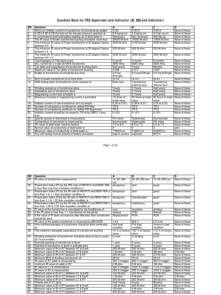 TRD Supervisor & Instructor Question Bank | PDF | Transformer | Rail ...
