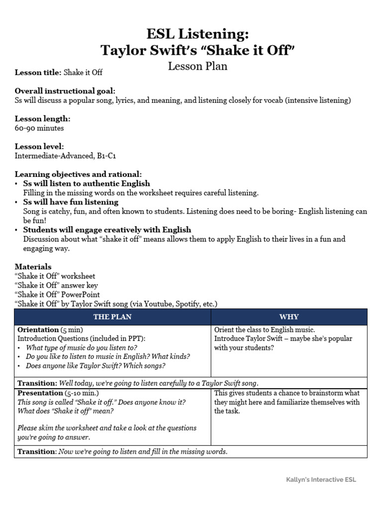 Shake It Off - Lesson Plan | PDF