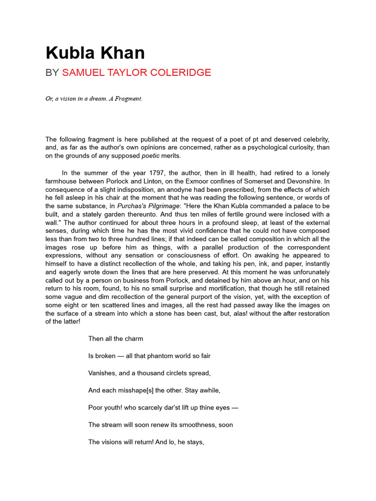 Samuel Taylor Coleridge ( (1797) 1816) Kubla Khan | PDF | Art | Poetry