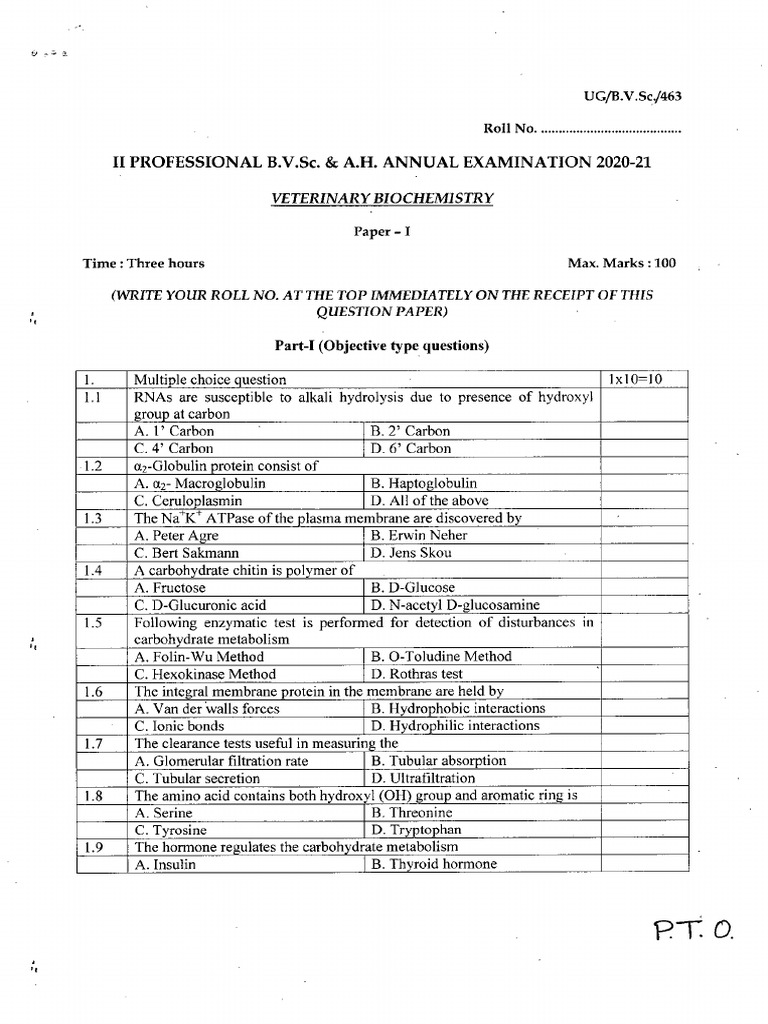 Paper I - Veterinary Biochemistry - II Prof BVSC | PDF