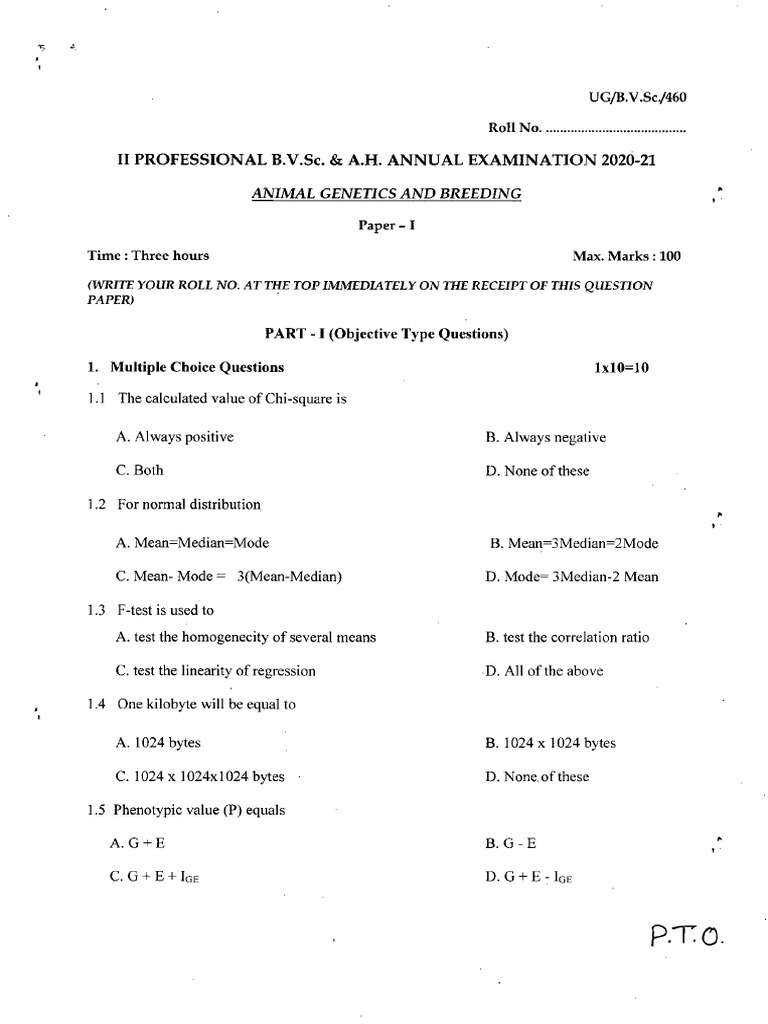Paper I - Animal Genetics and Breeding - II Prof BVSC & Ah | PDF