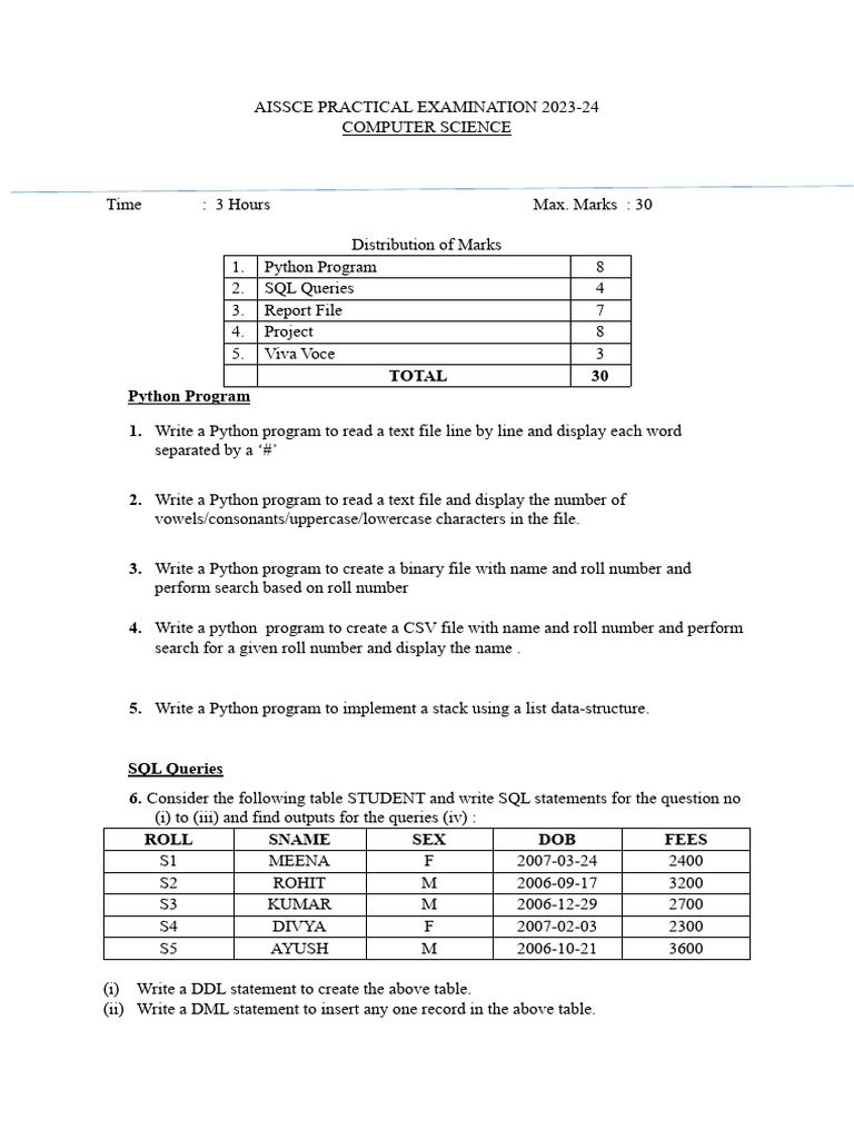 AISSCE2024 CS PRACTICAL sample QP | PDF