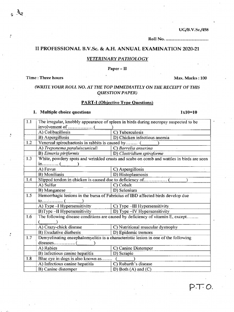 Paper II - Veterinary Pathology - II PROF BVSC | PDF
