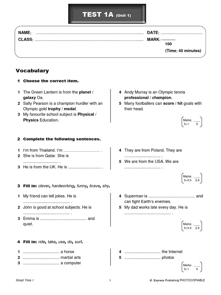 2 Smart Time 1 Test 1a | PDF