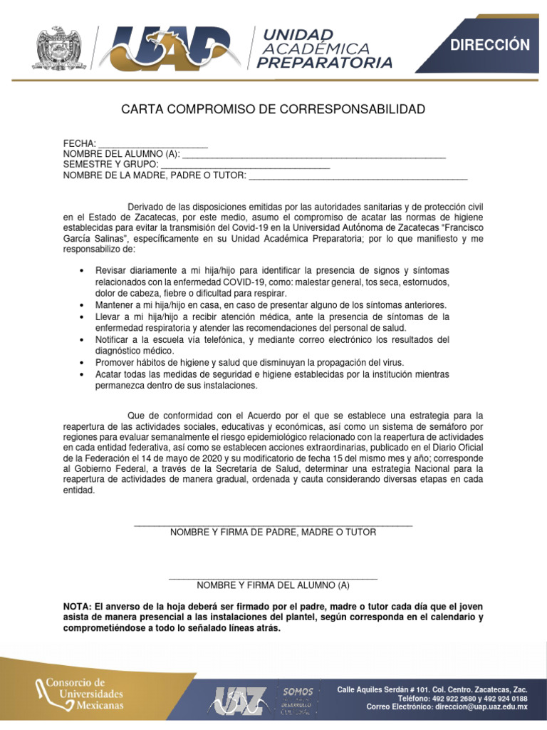 Carta Compromiso de Corresponsabilidad | PDF