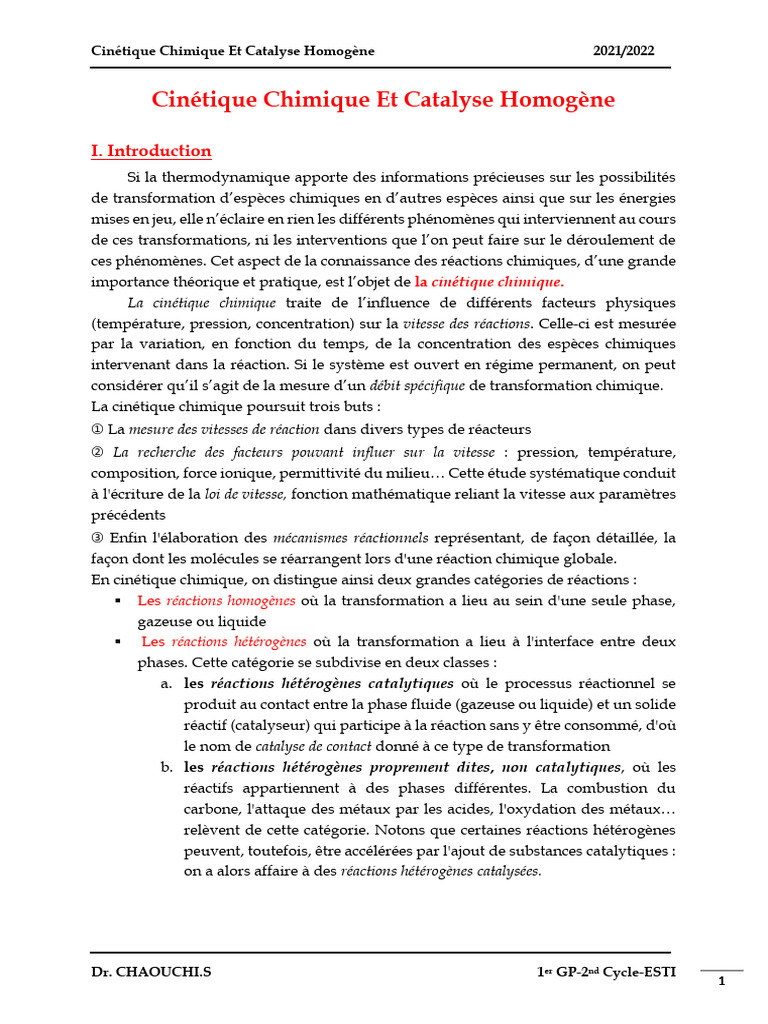 Chapitre I Réactions Chimiques Homogènes | PDF