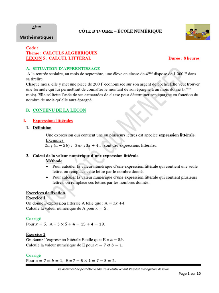 4e - Maths Lecon 5 Calcul Litteral | PDF