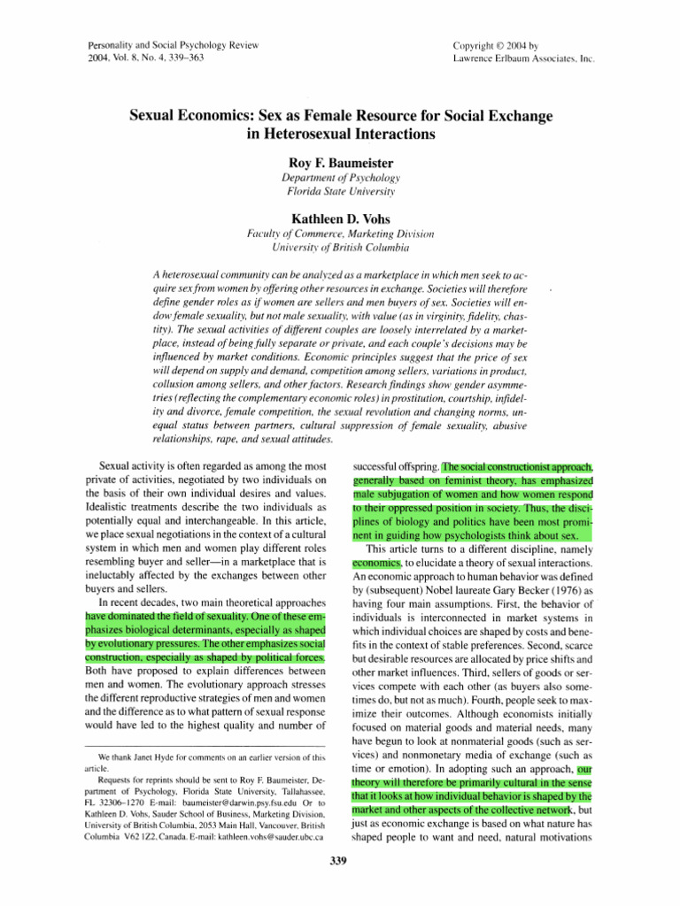 Baumeister Vohs 2004 Sexual Economics Sex As Female Resource For Social