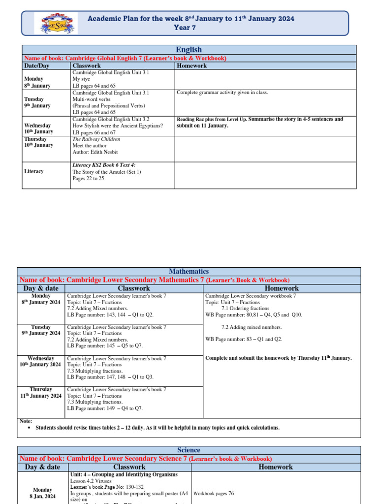 Year 7 Weekly Academic Plan | PDF