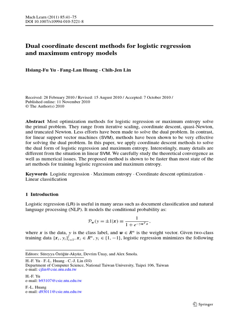 Dual Coordinate Descent Methods For Logistic Regression | PDF | Support ... Dual Coordinate Descent Methods For Logistic Regression | PDF | Support ...