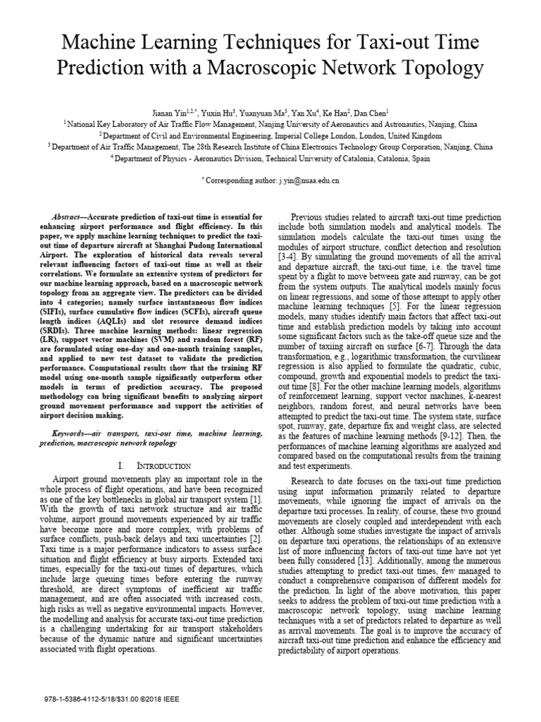Machine Learning Techniques For Taxi-Our Time Prediction With A Macroscopic Network Topology | PDF