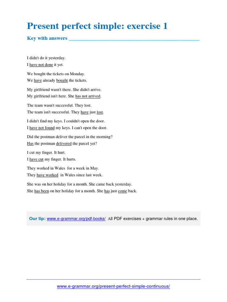 Present Perfect Simple Exercise 1 Key | PDF