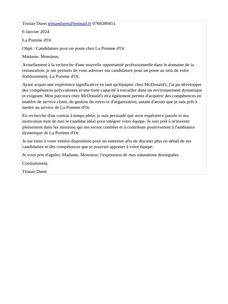 Lettre Motivation Pomme D'or | PDF | Affaires