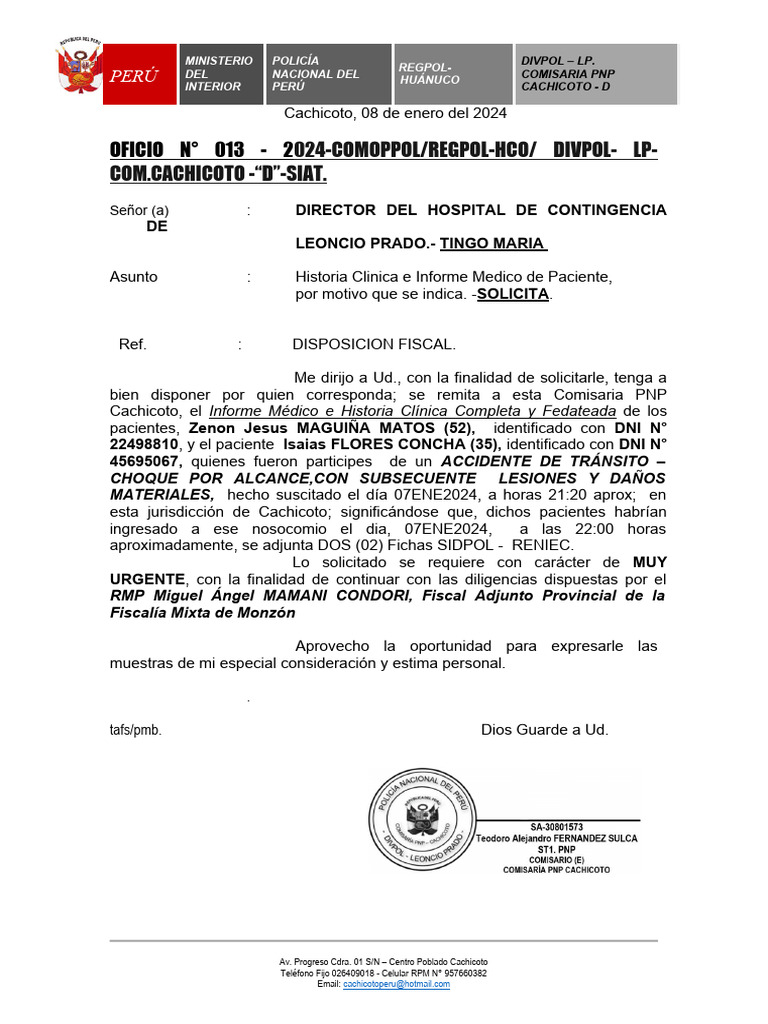 Oficio para Hospital Solicita Informe Medico e Historia Clinica de Paciente 2024 | PDF