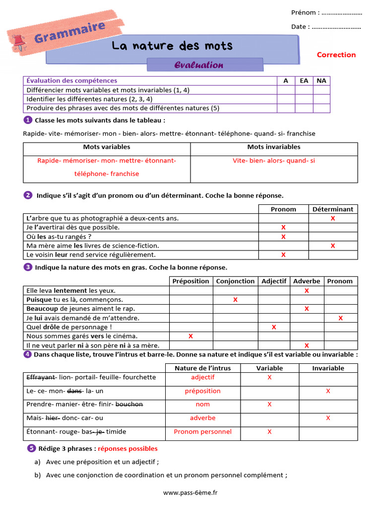 Pe6eme Evaluation Correction 6ème La Nature Des Mots | PDF