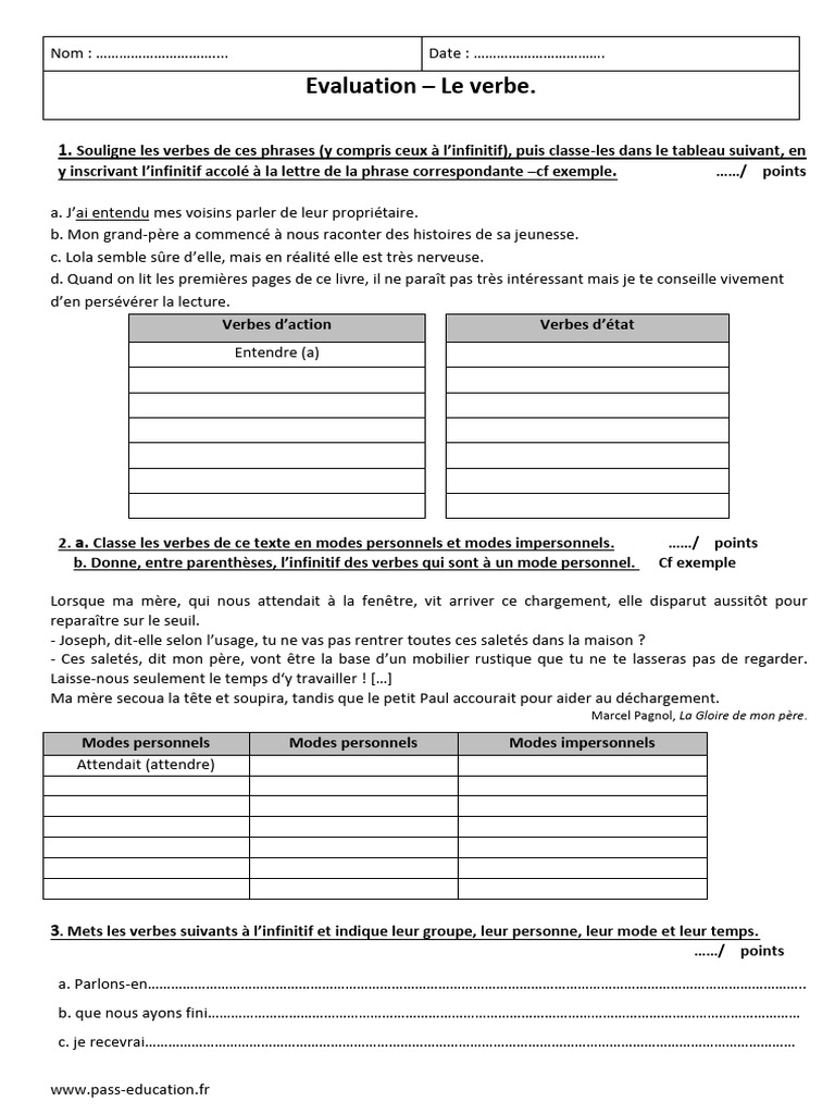 Verbe 6ème Evaluation À Imprimer | PDF